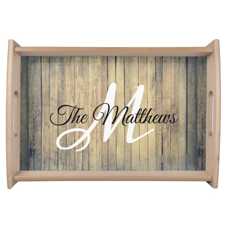 Create Your Own Rustic Oak Monogram Name Script Serving Tray | Zazzle