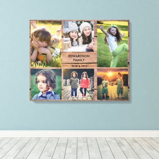 Create your own rustic wood family photo collage canvas print | Zazzle