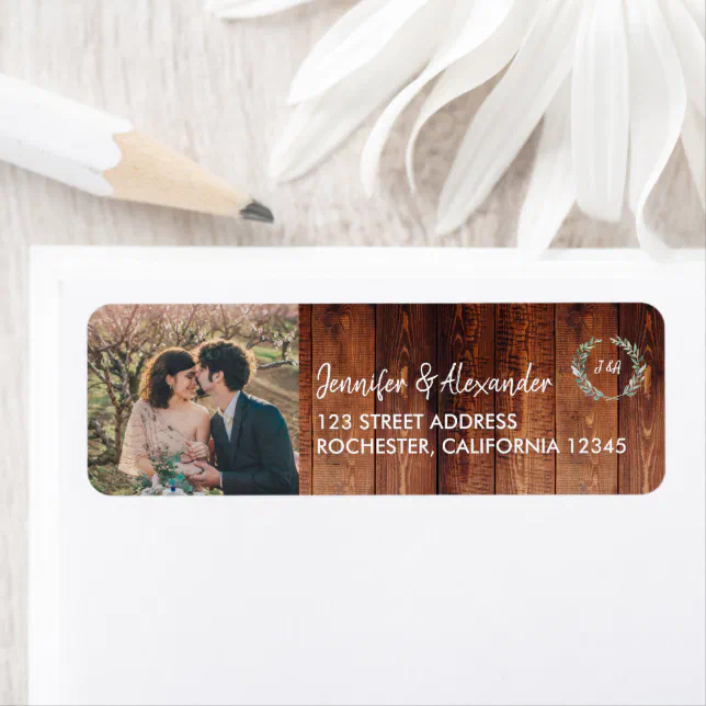 Create your own rustic wood monogram photo Wedding Label | Zazzle