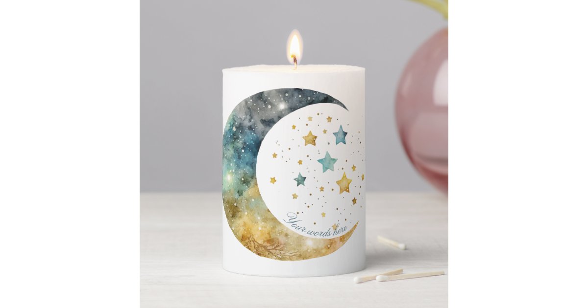 Create Your Own Watercolor Crescent Moon & Stars Pillar Candle | Zazzle