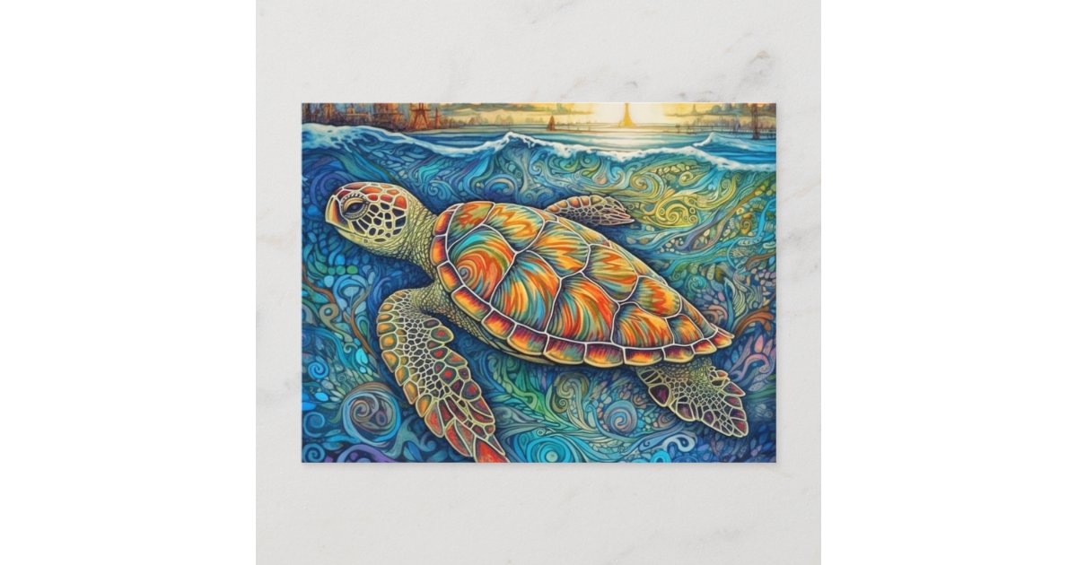 Creative Colorful Swimming Tortoise Illustration Postcard | Zazzle