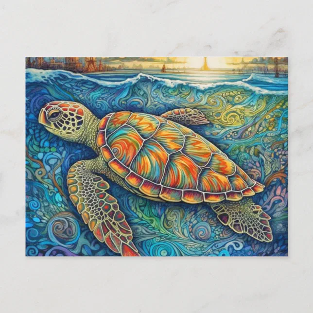 Creative Colorful Swimming Tortoise Illustration Postcard | Zazzle