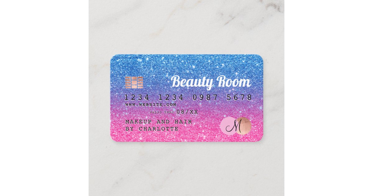 Credit card blue pink glitter beauty monogram | Zazzle