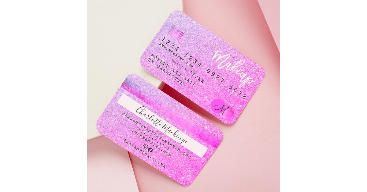 Credit card chic pink glitter makeup hair monogram | Zazzle