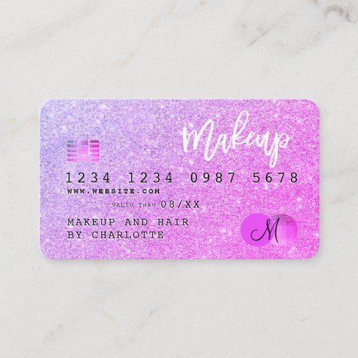 Credit card chic pink glitter makeup hair monogram | Zazzle