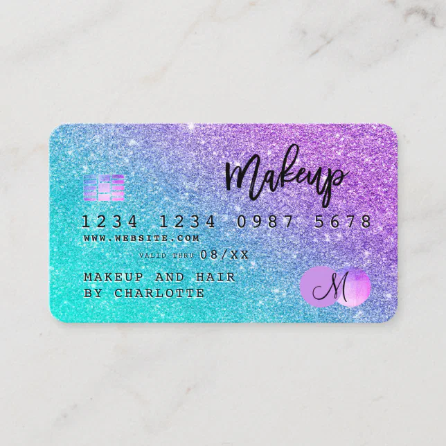 Credit card hair makeup mermaid glitter monogram | Zazzle