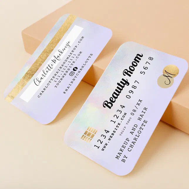 Credit card holographic purple beauty monogram | Zazzle