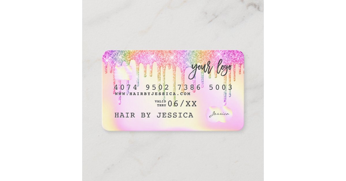 Credit card holographic rainbow pink glitter drips | Zazzle