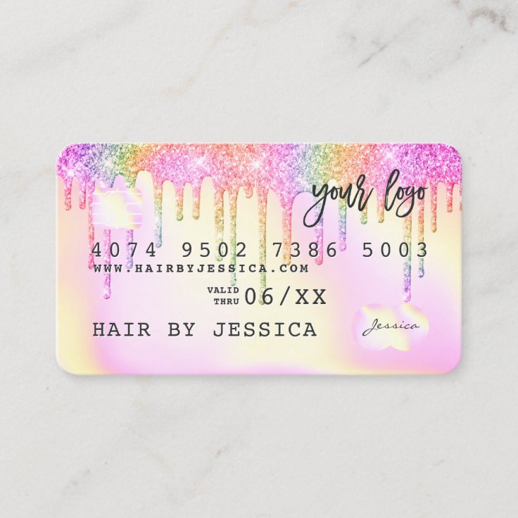 Credit card holographic rainbow pink glitter drips | Zazzle