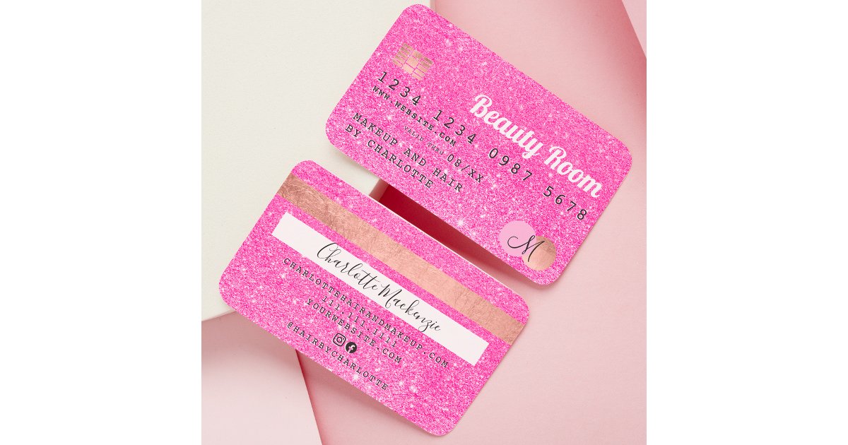 Credit card neon pink glitter beauty monogram | Zazzle