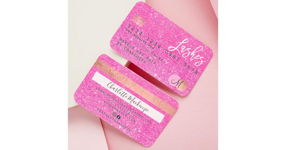 Credit card neon pink glitter lashes monogram | Zazzle