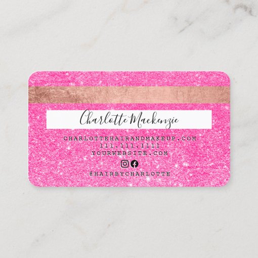 Credit card neon pink glitter makeup hair monogram | Zazzle