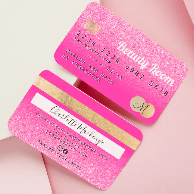 Credit card pink glitter beauty pink monogram | Zazzle