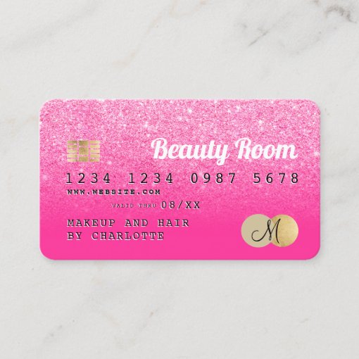 Credit card pink glitter beauty pink monogram | Zazzle
