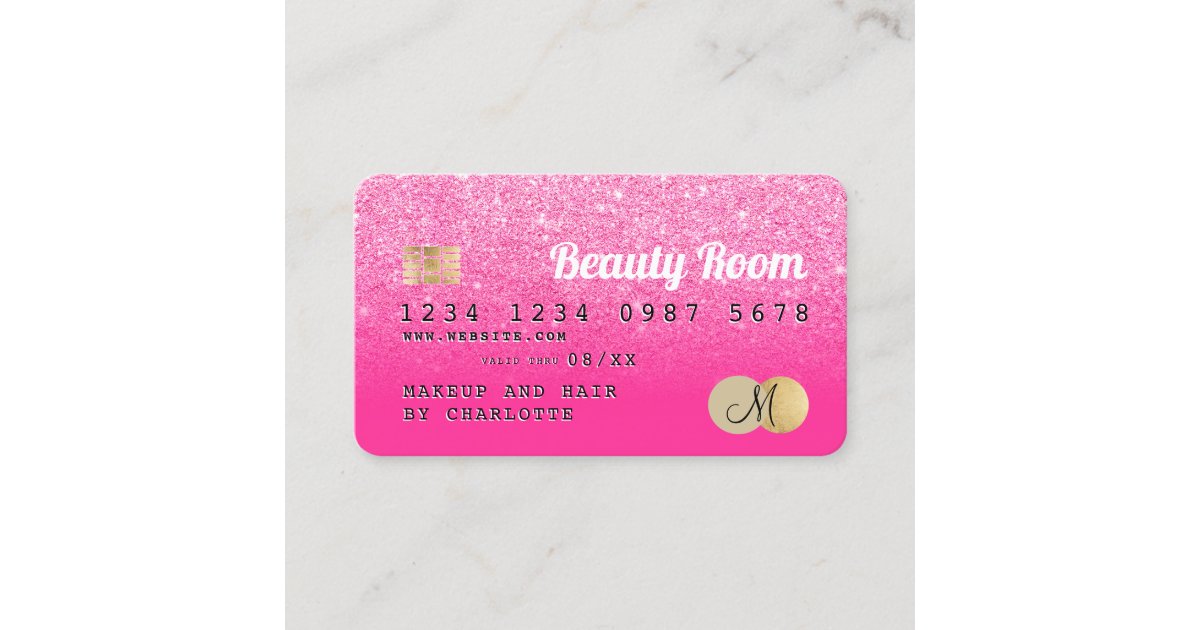 Credit card pink glitter beauty pink monogram | Zazzle