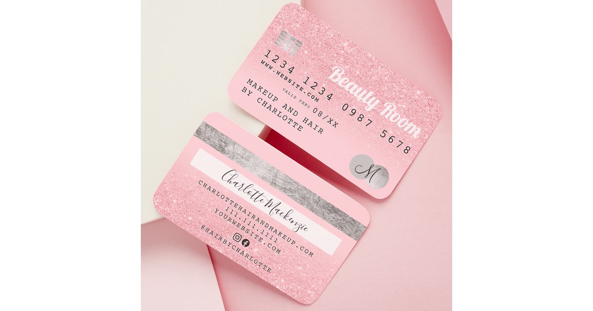 Credit card pink glitter beauty silver monogram | Zazzle