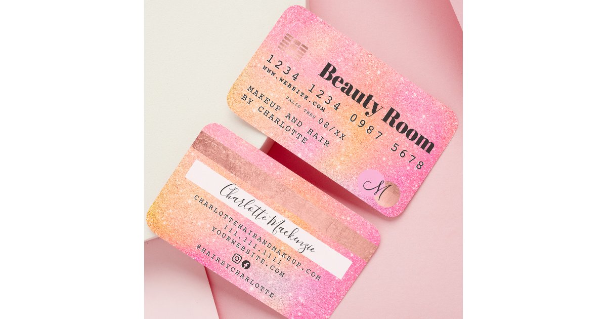 Credit card pink glitter chic beauty monogram | Zazzle
