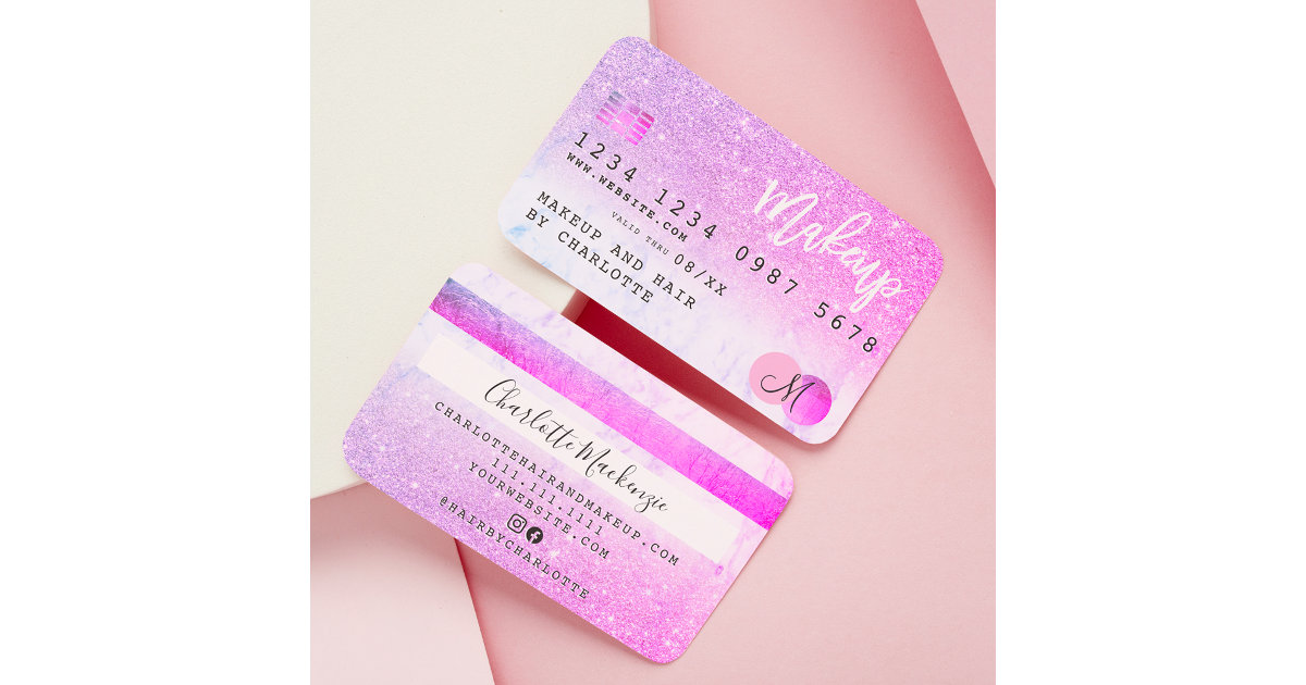 Credit card pink purple glitter marble monogram | Zazzle