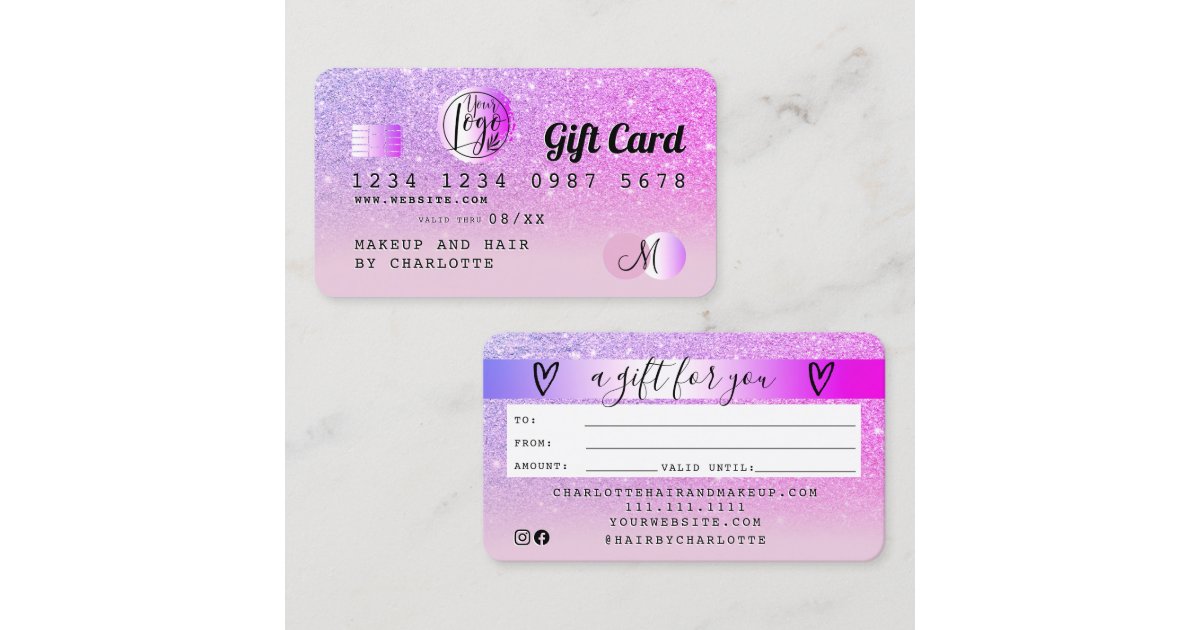 Credit card pink purple glitter ombre gift card | Zazzle