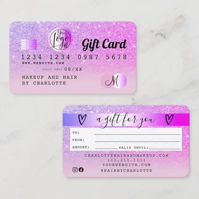 Credit card pink purple glitter ombre gift card | Zazzle