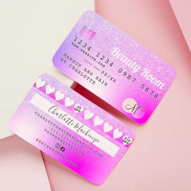 Credit card pink purple metallic glitter loyalty | Zazzle