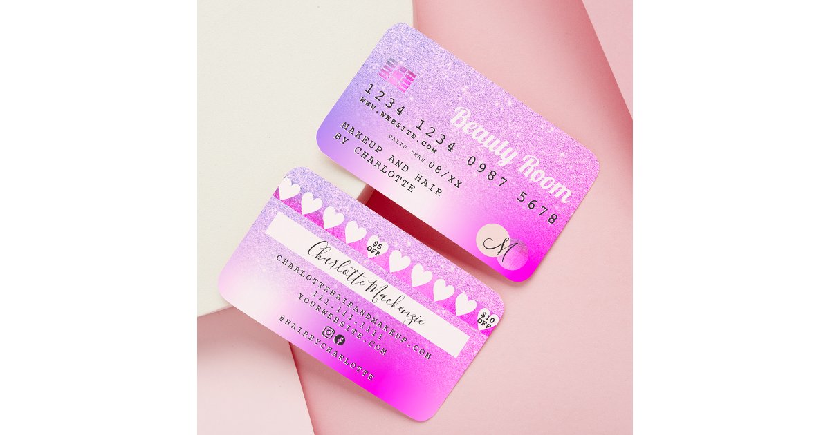 Credit card pink purple metallic glitter loyalty | Zazzle