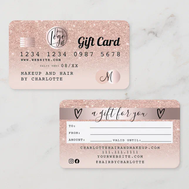 Credit card rose gold glitter ombre gift card | Zazzle