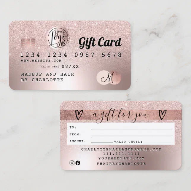 Credit card rose gold metallic glitter gift card | Zazzle