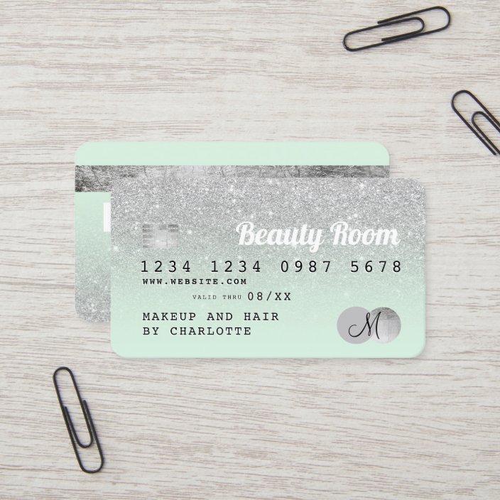 Credit card silver glitter beauty mint monogram | Zazzle.com