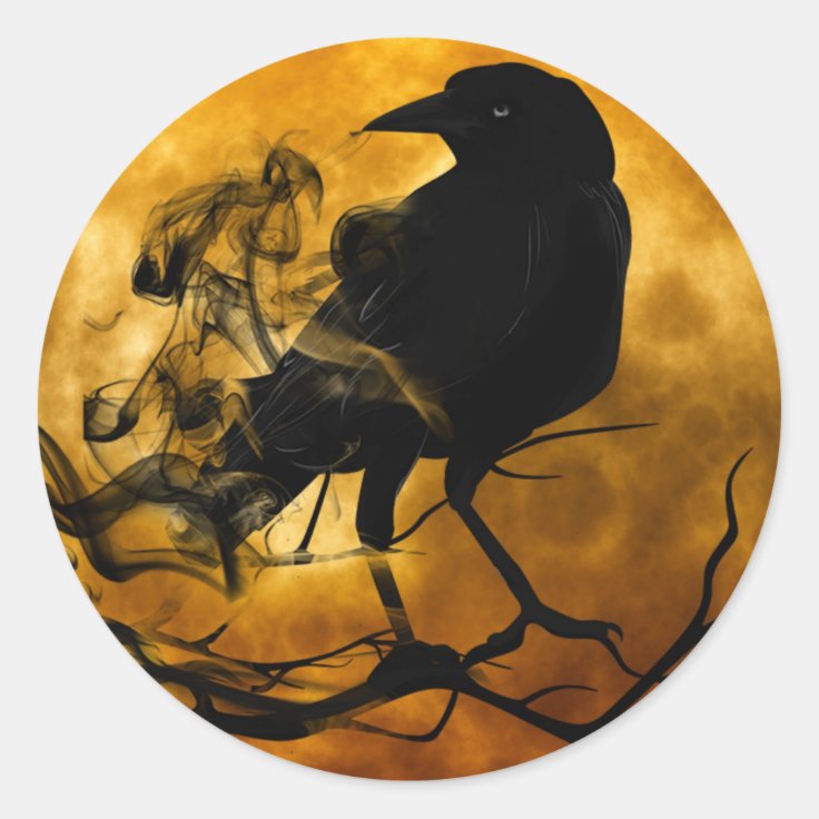 Creepy Black Crow Halloween Classic Round Sticker | Zazzle