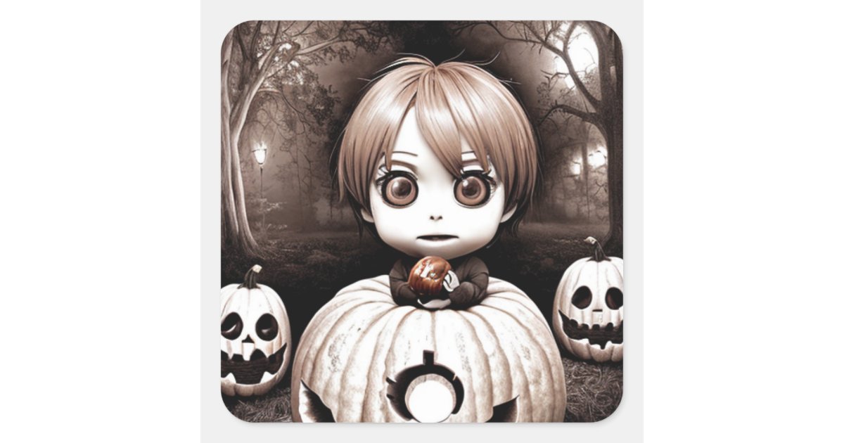 Creepy Child with Poison Apple in Pumpkin Square Sticker | Zazzle