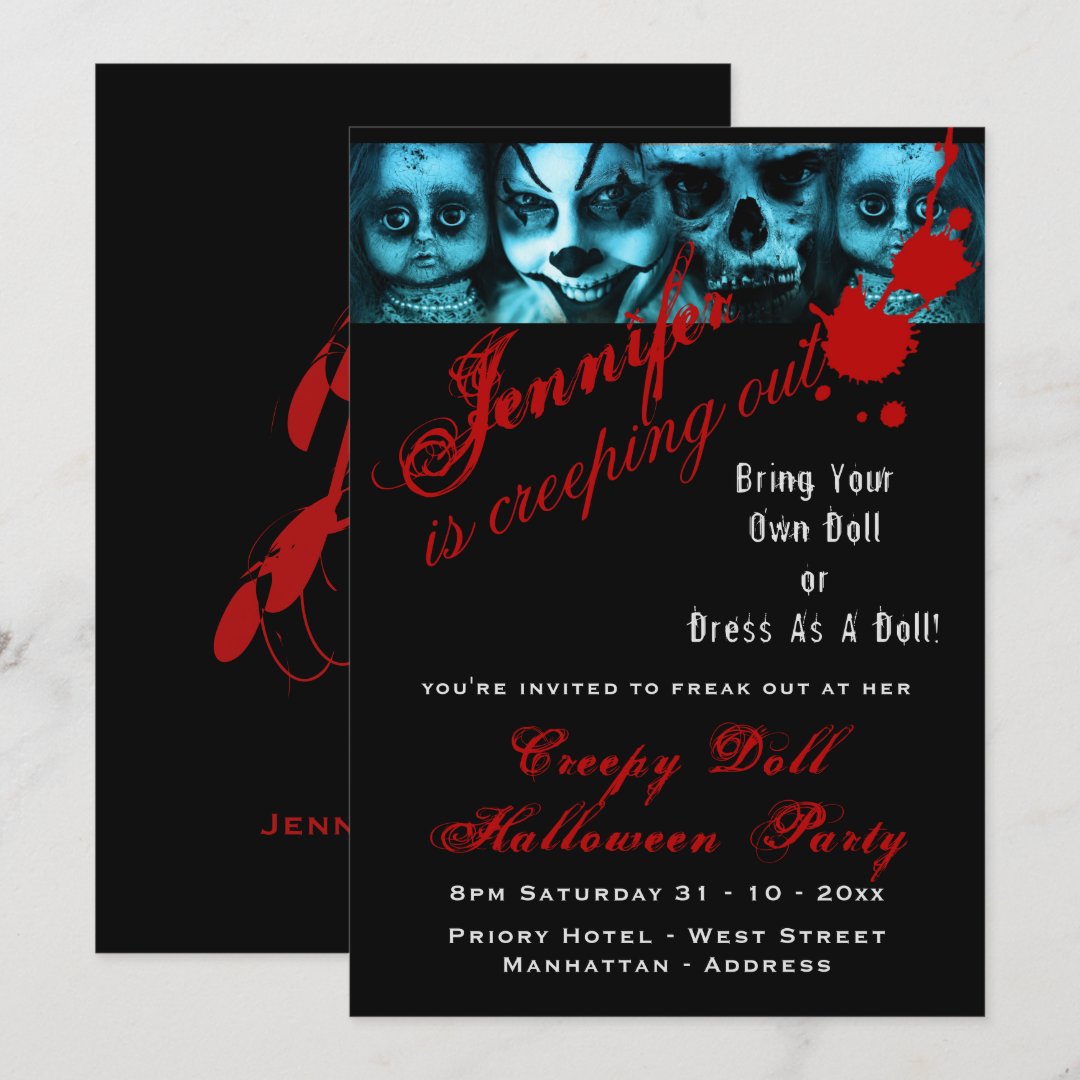 Creepy Doll Costume Party Halloween Evil Scary Invitation | Zazzle