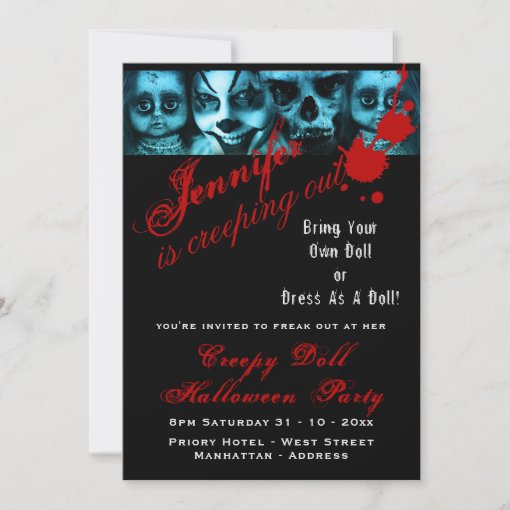 Creepy Doll Costume Party Halloween Evil Scary Invitation | Zazzle