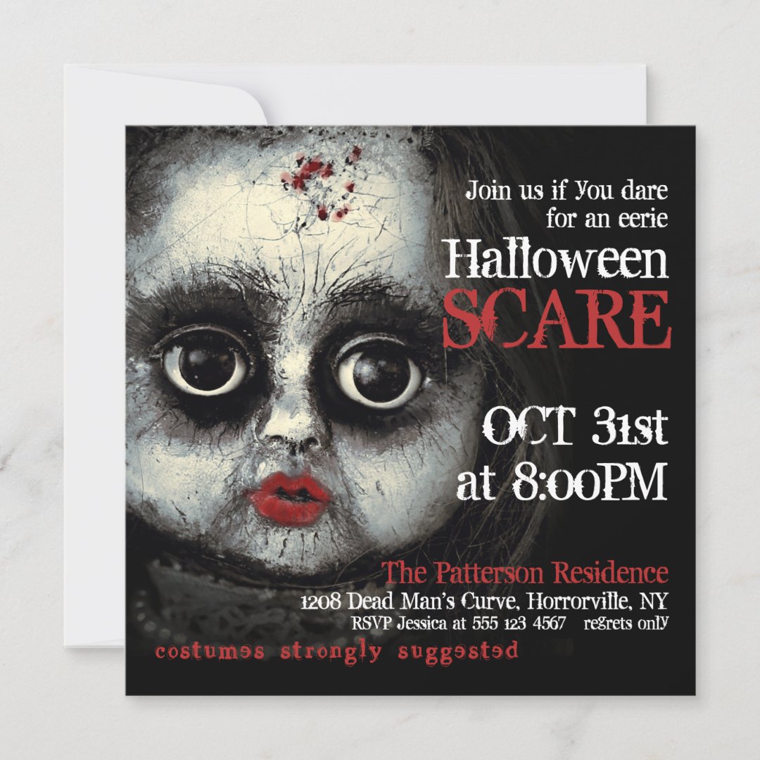 Creepy Eerie Doll Halloween Party Invitation | Zazzle