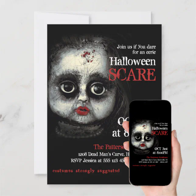 Creepy Eerie Gothic Doll Halloween Party Invitation | Zazzle