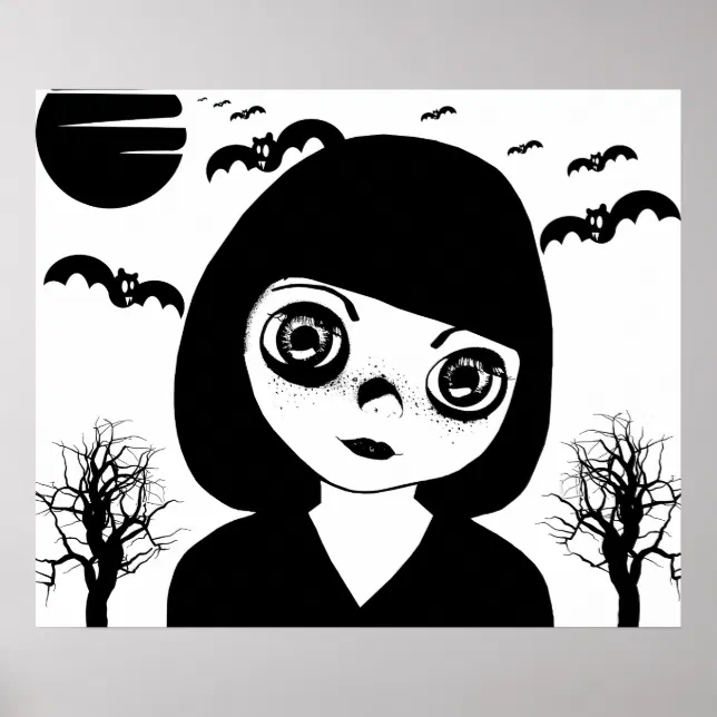 Creepy Goth Child Bats moon Halloween Art Poster | Zazzle