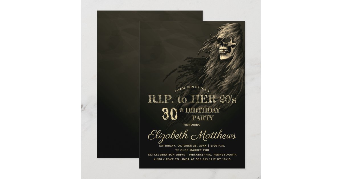Creepy Hair Skull RIP to Her 20s Birthday Party Invitation | Zazzle