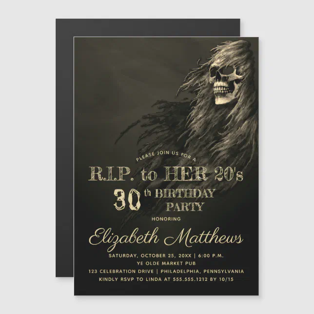 Creepy Hair Skull RIP to Her 20s Birthday Party Magnetic Invitation ...