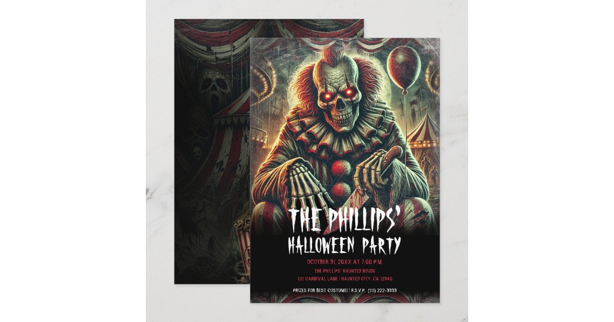 Creepy Scary Carnival Clown Halloween Party Invitation | Zazzle