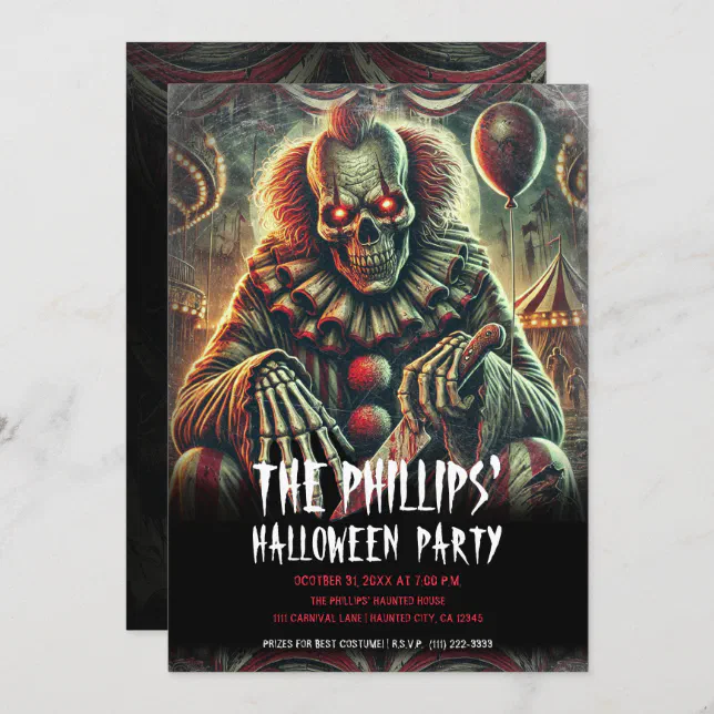 Creepy Scary Carnival Clown Halloween Party Invitation | Zazzle