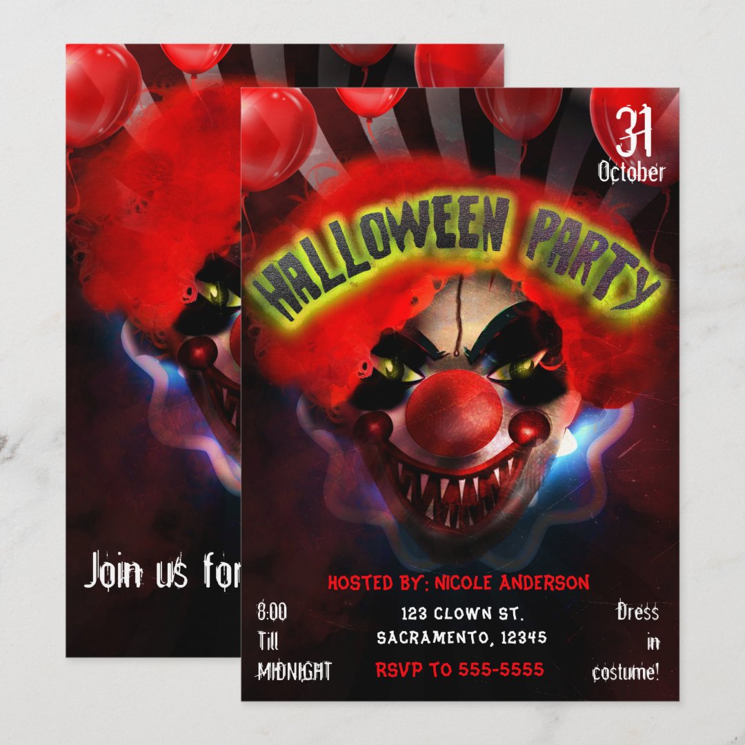 Creepy Scary Killer Clown Halloween Party Invitation | Zazzle