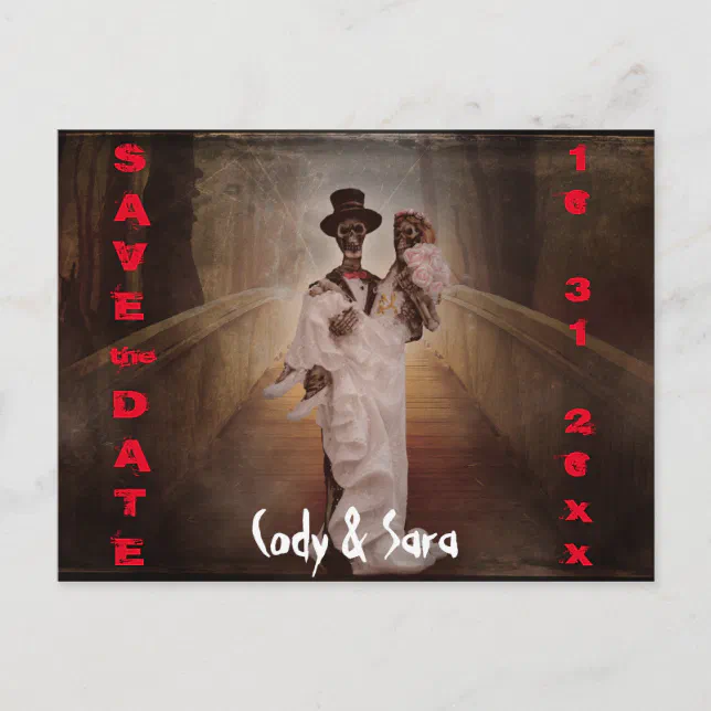 Creepy skeleton bride & groom save the date announcement postcard | Zazzle