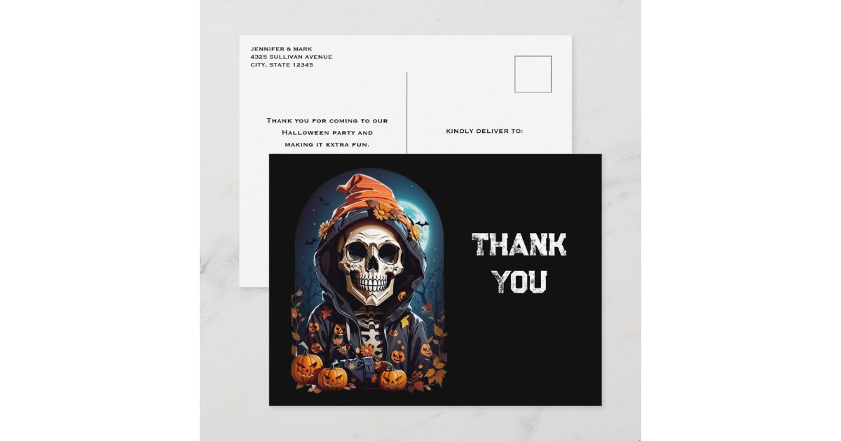 Creepy Skeleton & Pumpkins Halloween Thank You Postcard | Zazzle