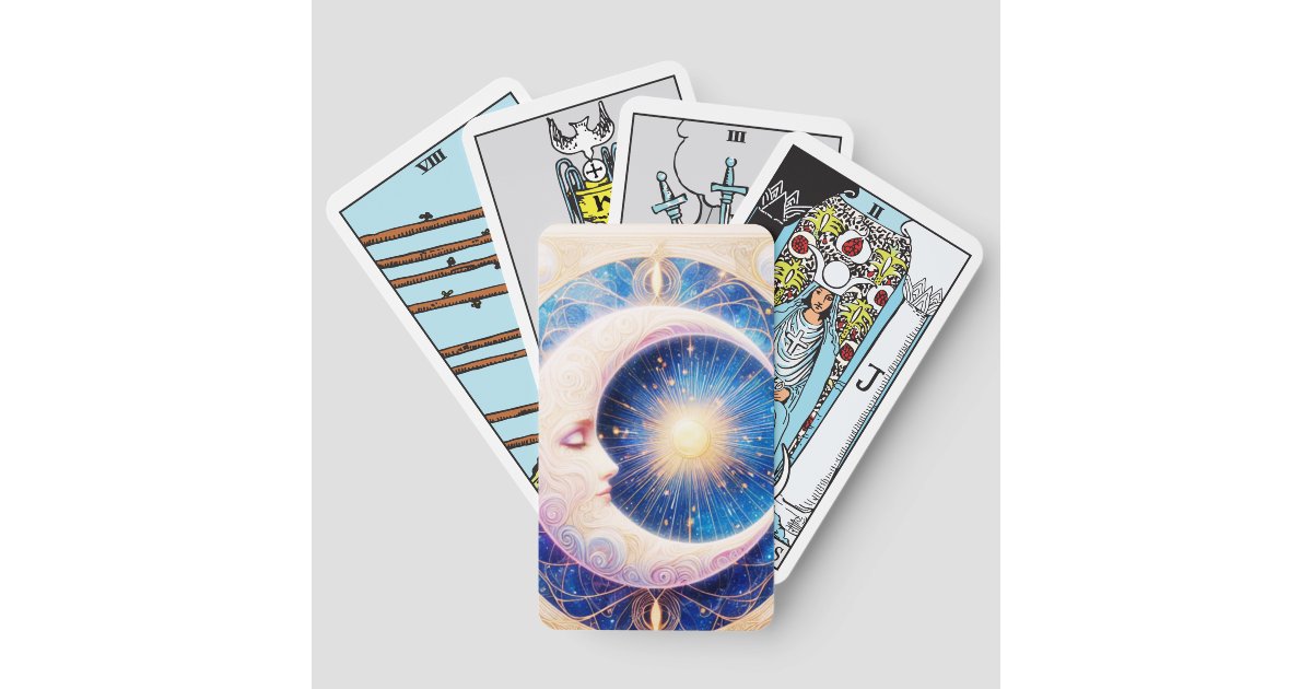 Crescent Moon Feminine Face Sun Clouds Tarot Cards | Zazzle