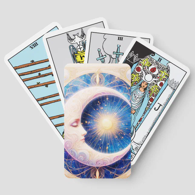 Crescent Moon Feminine Face Sun Clouds Tarot Cards | Zazzle