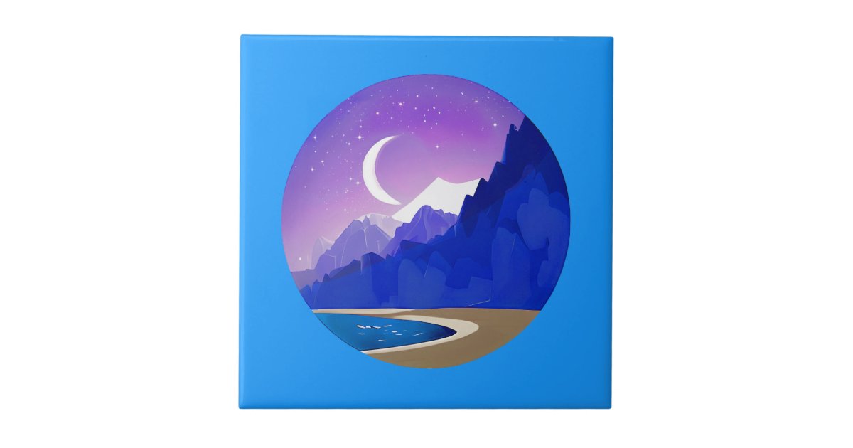 Crescent Moon, Lake and Mountains in Violet & Blue Ceramic Tile | Zazzle