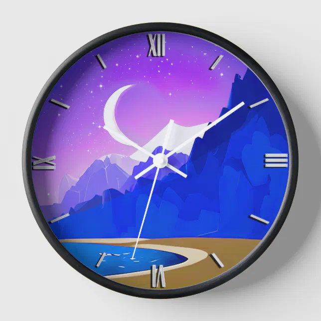 Crescent Moon, Lake & Mountains in Violet & Blue Clock | Zazzle