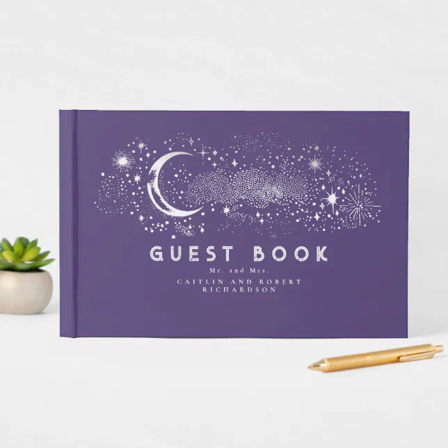 Crescent Moon Starry Night Celestial Wedding Guest Book | Zazzle
