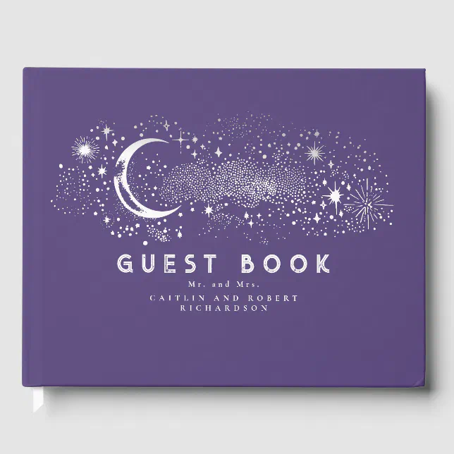 Crescent Moon Starry Night Celestial Wedding Guest Book | Zazzle