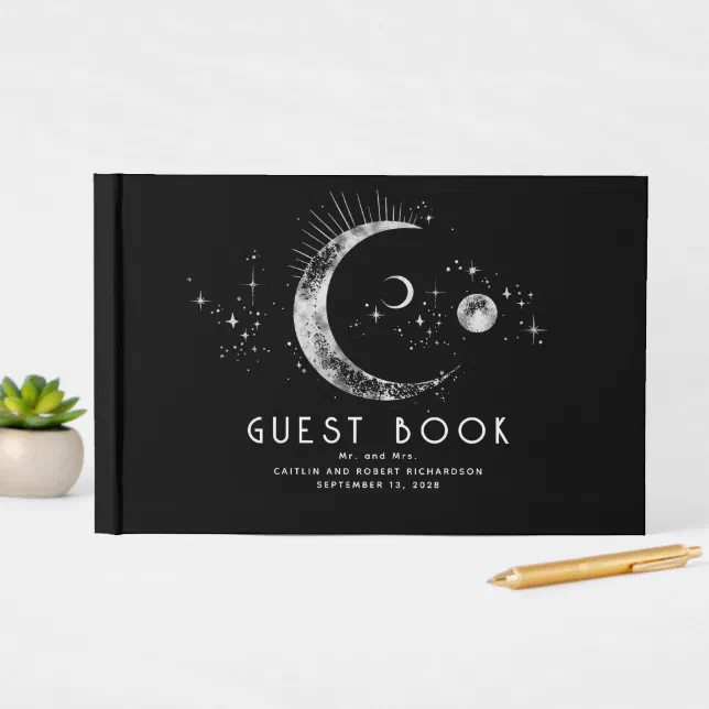 Crescent Moon Starry Night Celestial Wedding Guest Book | Zazzle
